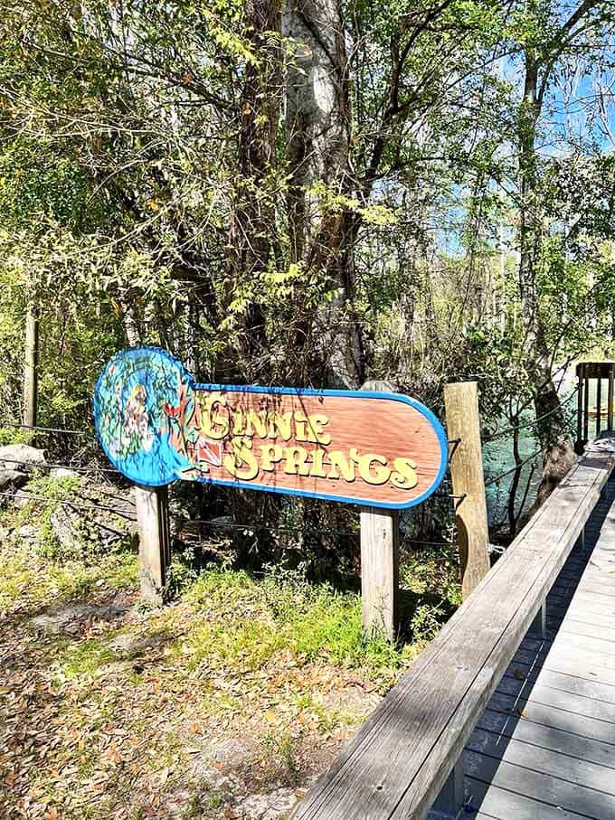 The colorful Ginnie Springs sign promises adventures that the brochures can't possibly capture.