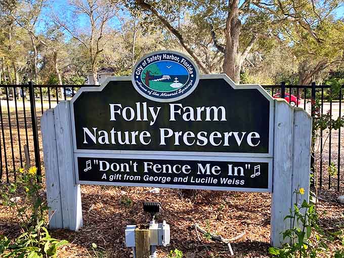 The welcoming entrance sign reveals the preserve's musical inspiration &ndash; "Don't Fence Me In" &ndash; a perfect motto for this unfenced natural wonderland.