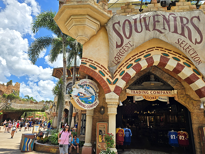 Souvenir shops tempt visitors with magical mementos, because what's an adventure without tangible proof to make friends jealous?