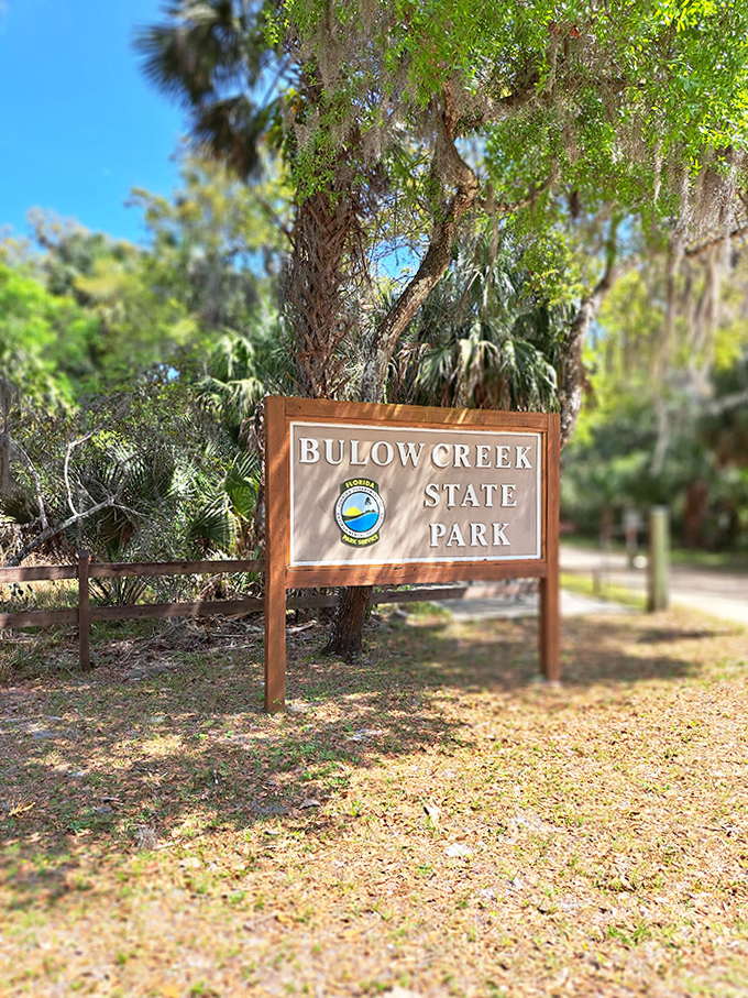 The welcoming sign at Bulow Creek State Park promises adventures that connect visitors with Florida's wild and wonderful natural heritage.