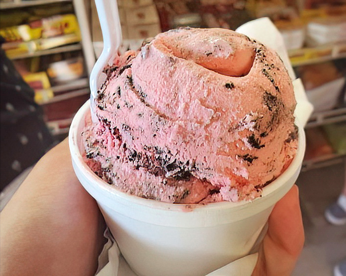 Strawberry ice cream swirled with cookie chunks creates a pink landscape that captures summer in edible form.