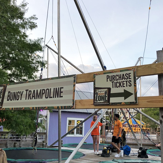 "Bungy Trampoline" signs promise the unique sensation of momentary weightlessness, followed by the inevitable "my knees aren't what they used to be" realization.