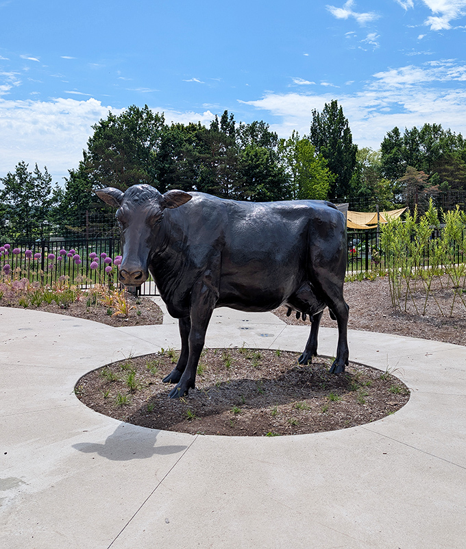 This life-sized bronze cow stands frozen mid-graze, offering a surprising counterpoint to the delicate fairy houses elsewhere in the garden.