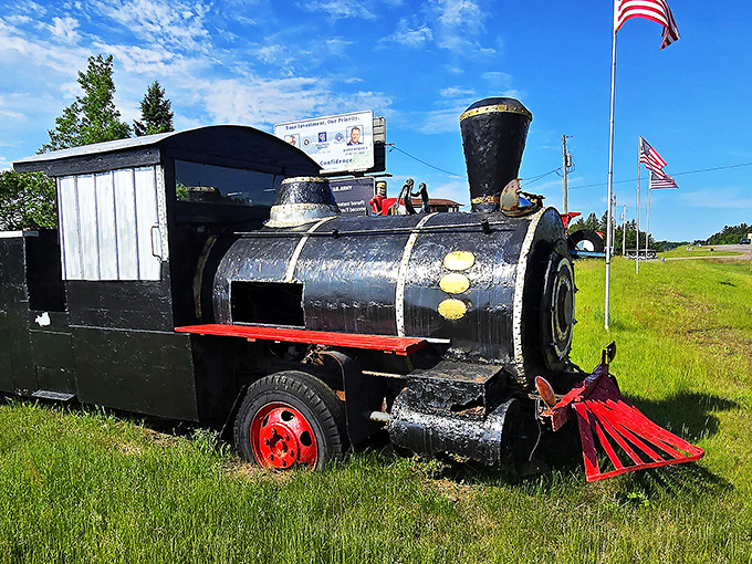 This homemade locomotive might not run on actual tracks, but it certainly runs away with visitors' imaginations as part of the outdoor display of repurposed machinery.