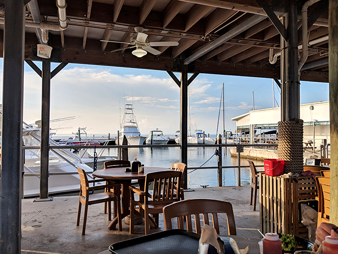 Front-row seats to nature's daily performance &ndash; boats bobbing gently as pelicans dive-bomb for dinner while you savor yours in peaceful bliss.