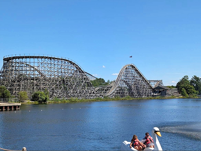 The Wolverine Wildcat's wooden structure creates a horizon of peaks and valleys, promising the kind of airtime that makes you question your lunch choices.