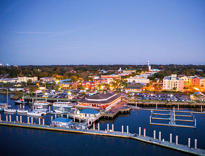 This aerial view captures Fernandina Beach's perfect balance of natural beauty and thoughtful development, with the marina serving as the community's nautical heart.