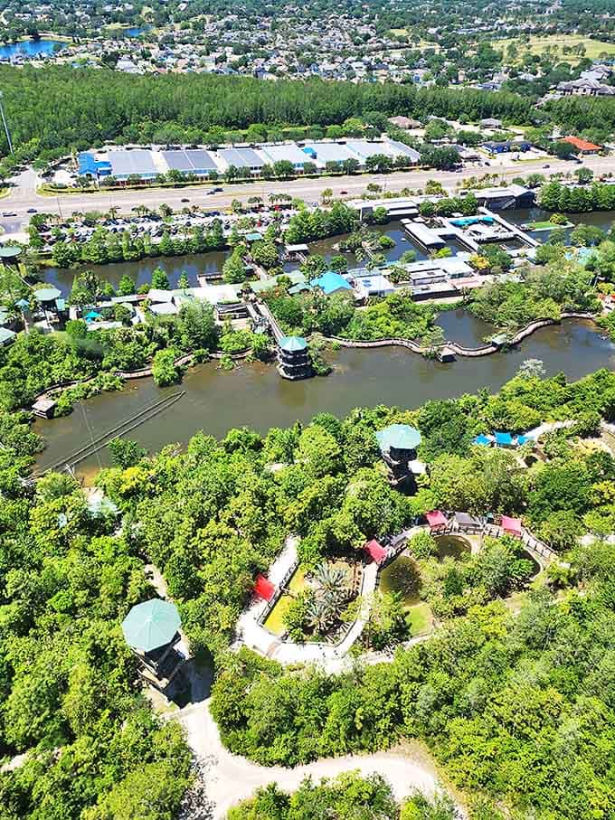 From above, Gatorland unfolds like a reptilian theme park designed by Mother Nature herself, with waterways and exhibits nestled among lush greenery.