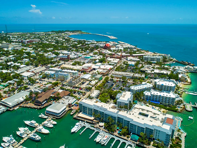 An aerial view reveals Key West's perfect position &ndash; surrounded by waters that provide the fresh seafood that makes island dining so spectacular.