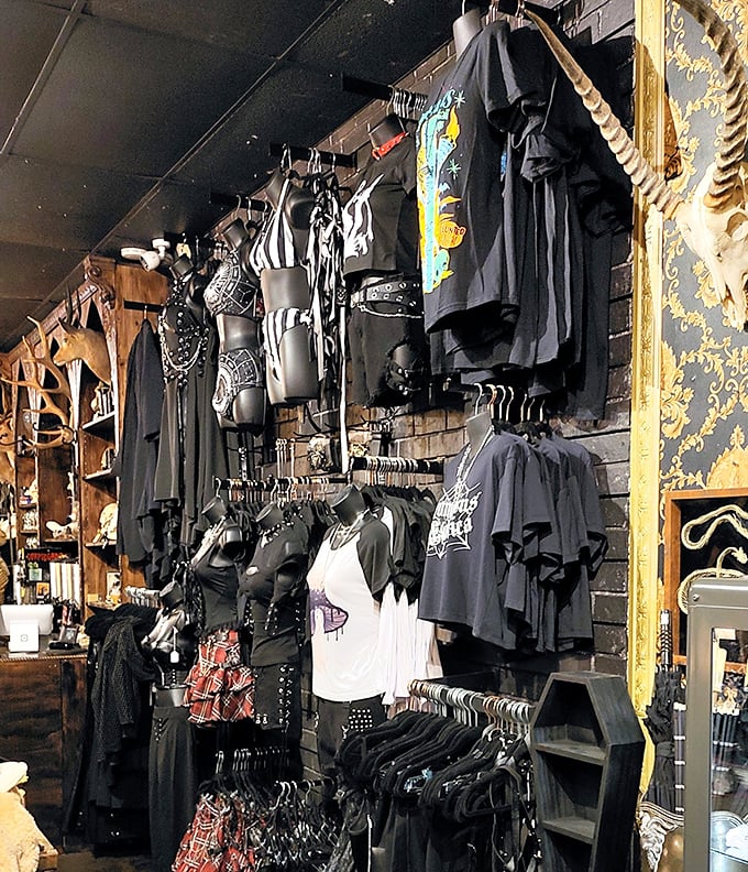 The clothing section offers everything from gothic dresses to quirky t-shirts, ensuring you can dress the part of eccentric collector.