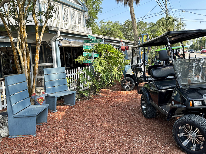 These blue benches aren't just for waiting &ndash; they're for savoring that moment of anticipation before experiencing what might be Florida's most perfect grouper sandwich.
