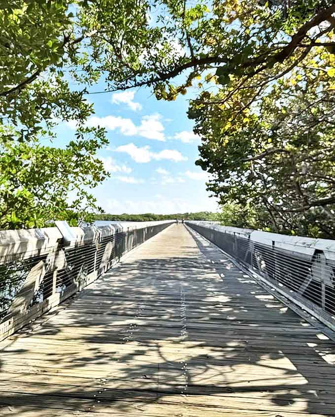 This boardwalk bridge stretches toward the horizon like a wooden runway, inviting visitors to strut their stuff toward beach bliss.