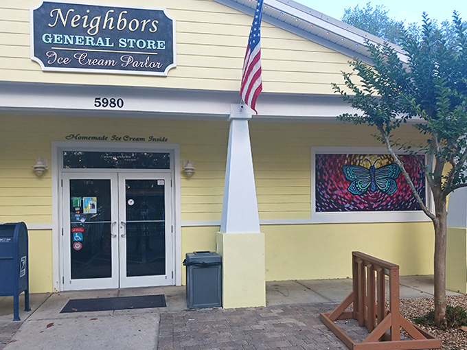 The American flag frame the entrance, where a simple sign announces what locals already know &ndash; this is dessert paradise.