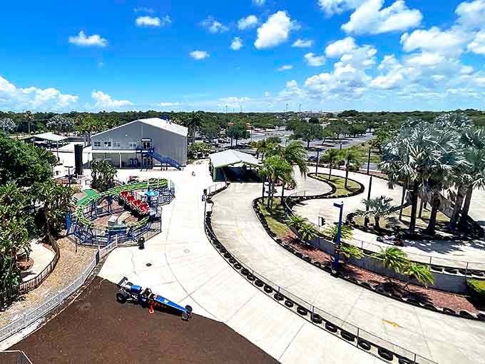 A bird's-eye view of Andretti Thrill Park showcases the impressive layout where family memories are made at speeds approaching fun overload.