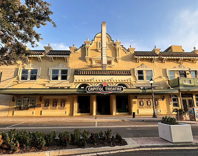 Morning light reveals the theater's timeless charm, though the ghostly activities reportedly increase once the sun goes down.