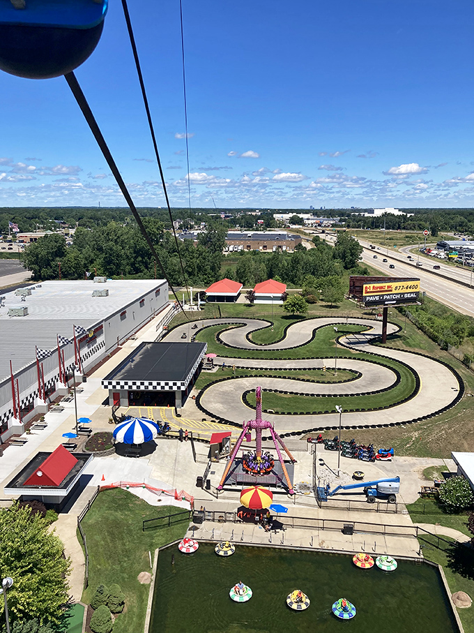 A panoramic view reveals the full kingdom of Craig's Cruisers, where Wisconsin families create memories one go-kart lap at a time.