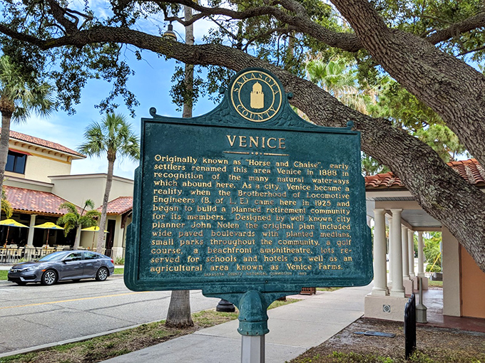 This historical marker reveals Venice's fascinating origins, originally known as "Horse and Chaise" before becoming the planned community we enjoy today.