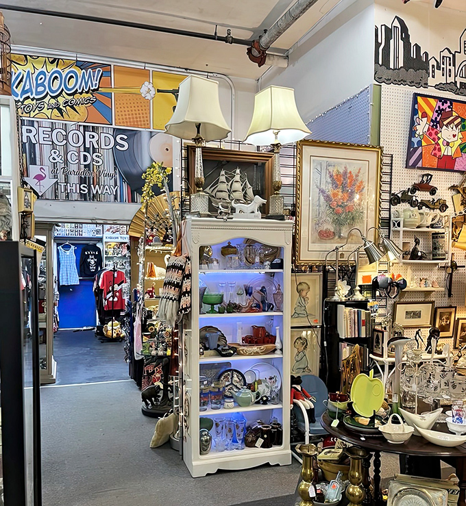 This colorful corner showcases how vintage shopping has evolved from grandma's hobby to hipster heaven, with mid-century treasures displayed like museum pieces.