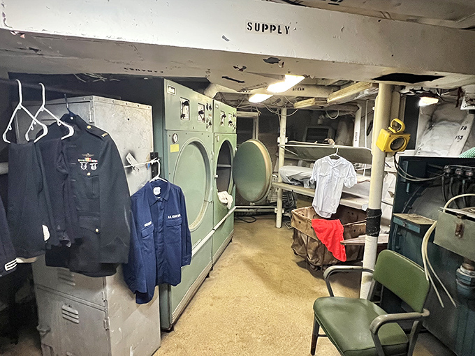 Even sailors needed clean clothes! These industrial washing machines handled mountains of laundry during the ship's long deployments.