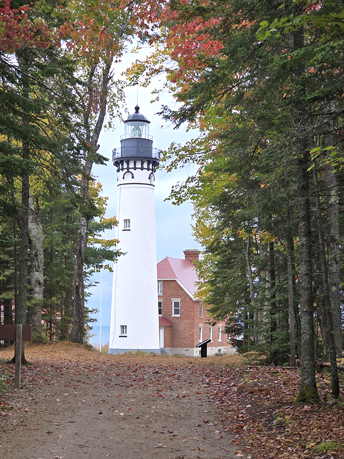 The historic lighthouse stands sentinel among autumn foliage, its white tower a beacon of safety against nature's wild backdrop.