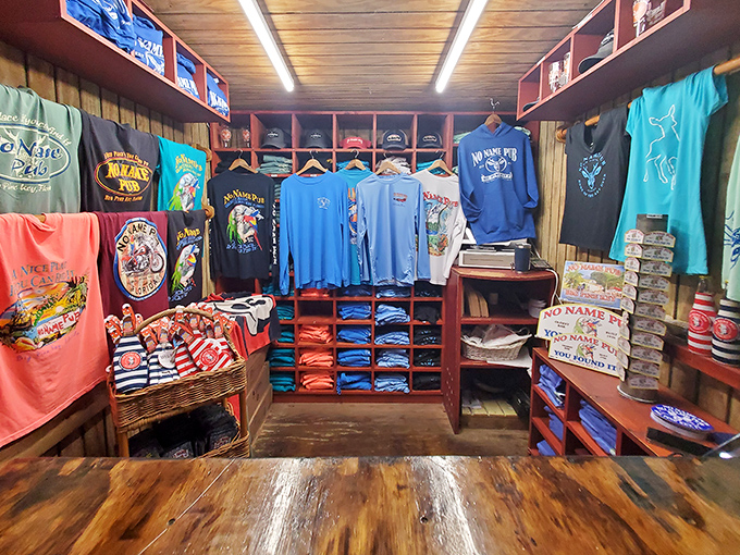 Take home more than memories with the pub's colorful collection of t-shirts, hats and souvenirs displaying that famous "No Name" logo.
