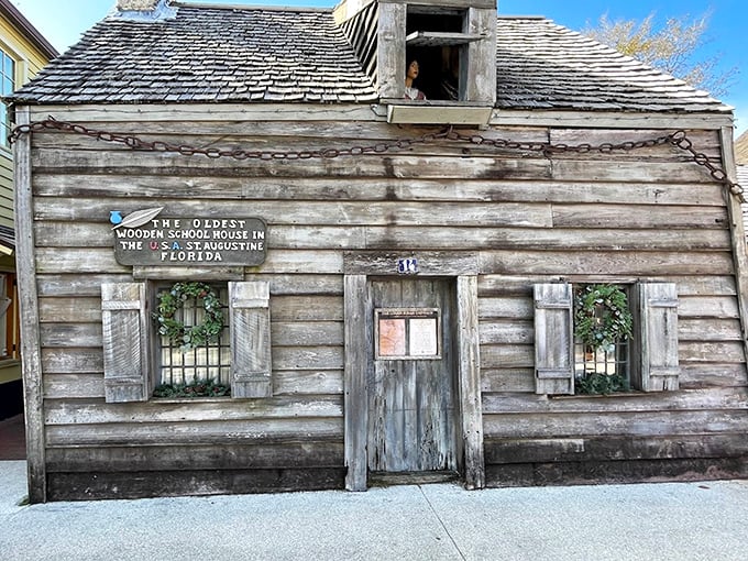 Garden Entrance: A serene outdoor space welcomes visitors to America's oldest wooden schoolhouse, where education and discipline went hand in hand.
