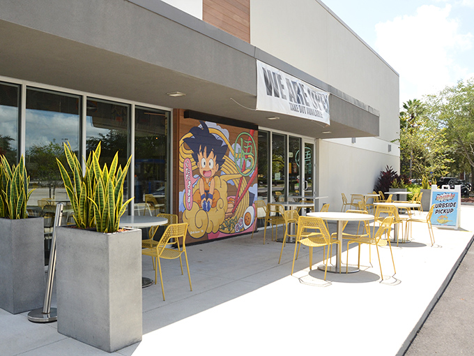 The outdoor seating area provides a sunny respite from the animated intensity inside &ndash; same great food, just with Florida's natural backdrop.