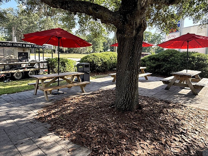The outdoor seating area offers shade from a grand old tree, where picnic tables invite you to enjoy nature's dining room.