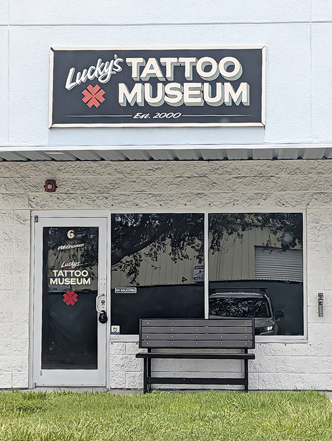 A simple bench outside invites visitors to pause before entering a world where American counterculture became mainstream art.