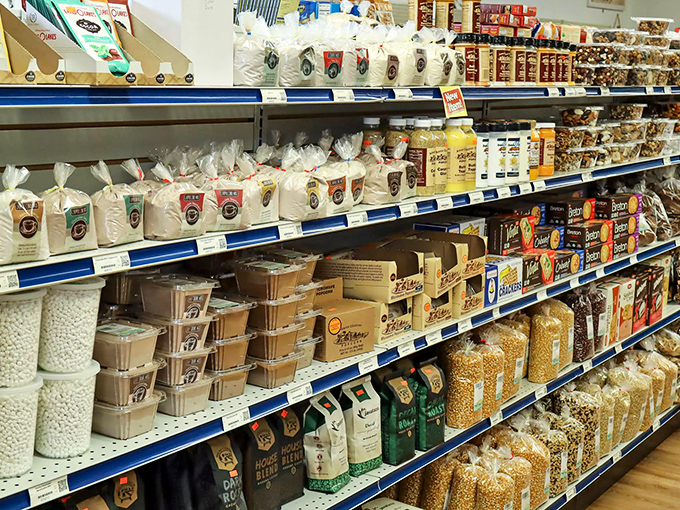 Neatly arranged packages of beans, grains, and baking mixes offer a rainbow of possibilities for home cooks seeking quality ingredients.