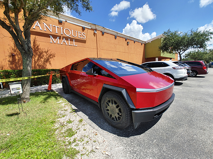 Even the parking lot offers surprises, with this futuristic Tesla Cybertruck creating a striking juxtaposition against the antiques mall backdrop.