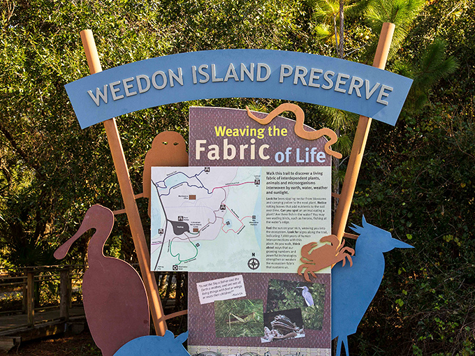 The welcoming sign to Weedon Island Preserve promises adventure while playfully highlighting the area's abundant wildlife residents.
