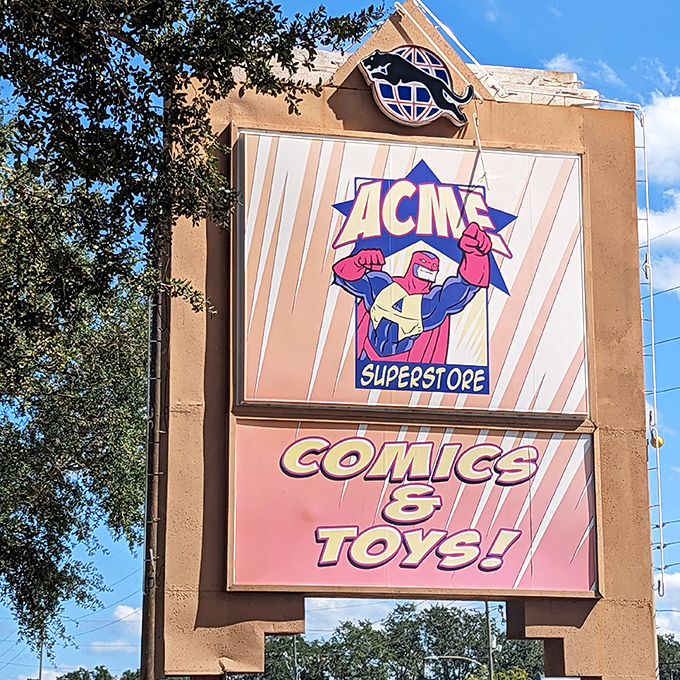 The exterior signage proudly announces ACME's superhero status in the comic store universe &ndash; no Roadrunner or Wile E. Coyote in sight.