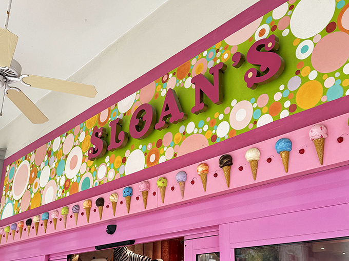 The Sloan's sign presides over its sugary domain, surrounded by a parade of ice cream cones that practically march into your mouth.