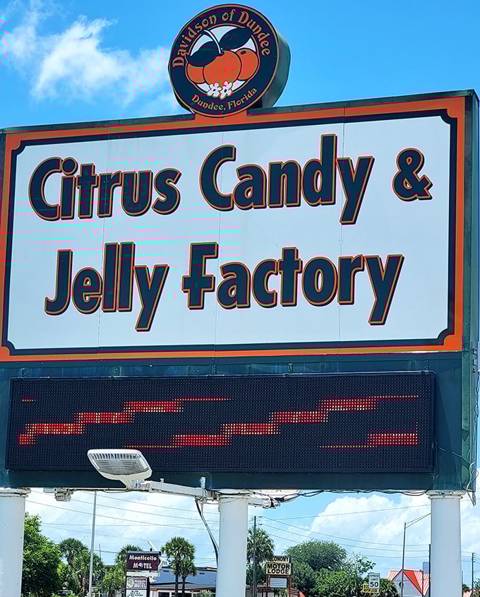 The roadside sign beckons citrus pilgrims like a sweet lighthouse guiding travelers to their sugary destination.