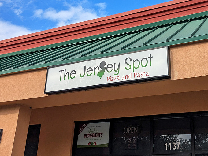 That iconic New Jersey silhouette serves as a beacon of hope for transplanted Northeasterners and pizza lovers alike in the Florida strip mall wilderness.