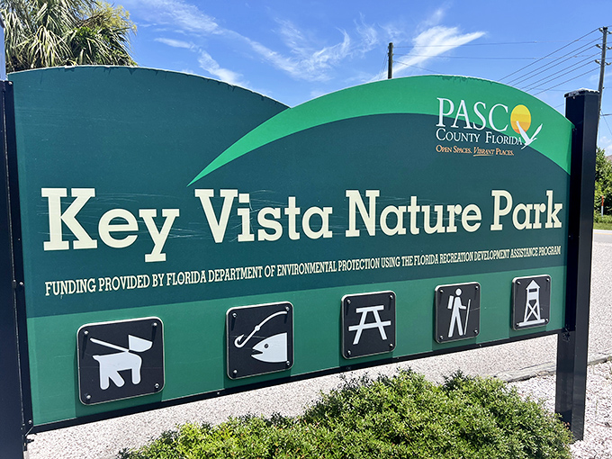 The welcoming entrance sign promises adventure within &ndash; Pasco County's commitment to preserving this coastal treasure for generations of nature lovers to come.