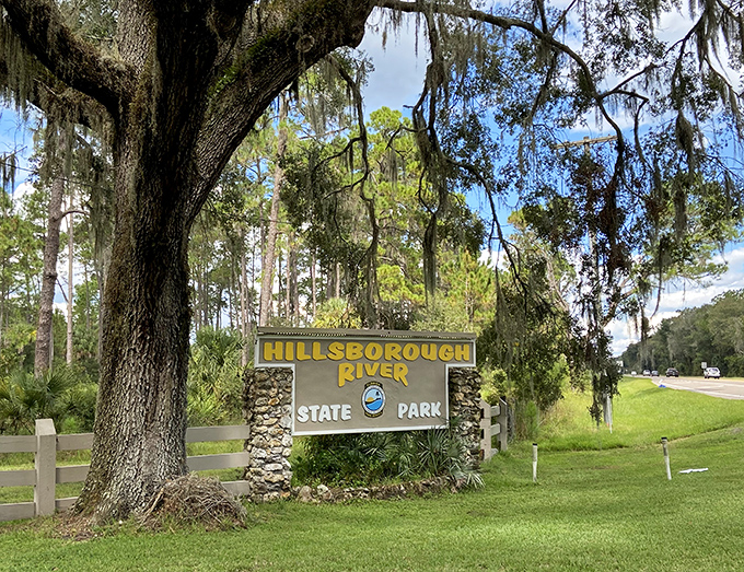 Not just a sign, but a promise of adventure, Hillsborough River State Park welcomes visitors to Florida's natural side.