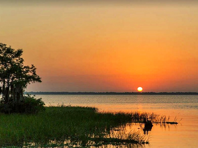 As the sun bids farewell to another perfect day, Blue Cypress Lake's waters hold the light, reluctant to let the magic end.