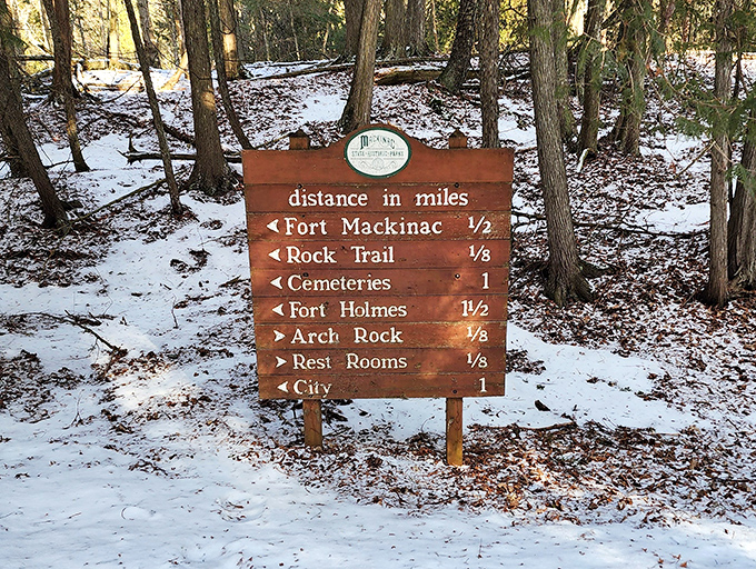 Trail signs guide visitors through Mackinac's natural wonders, promising adventures measured in fractions of miles rather than screen time.
