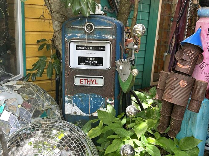 Even this vintage gas pump got the Whimzeyland treatment, trading its utilitarian past for a new life as nostalgic garden art.