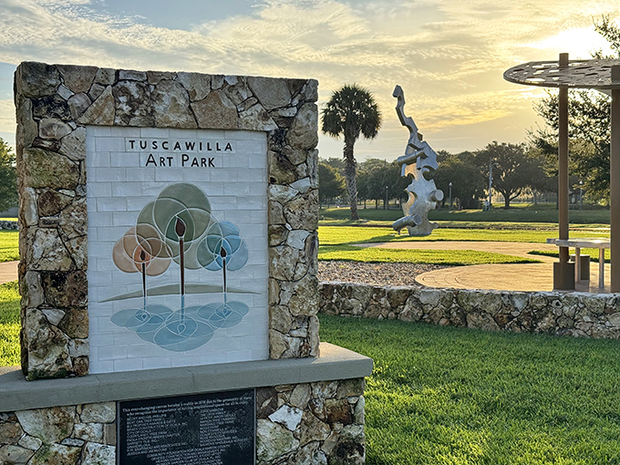 The Tuscawilla Art Park sign welcomes visitors to a world where creativity knows no bounds and art breathes freely under open skies.