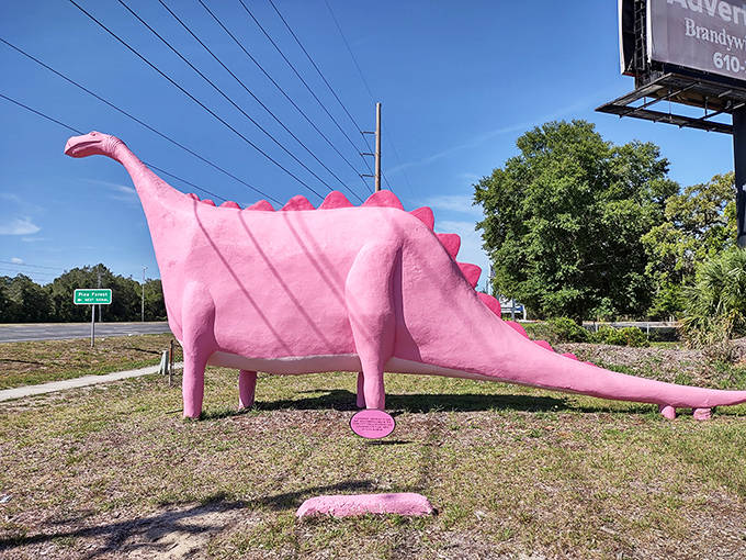 The pink dinosaur of Spring Hill stands tall against the Florida sky, proving that prehistoric creatures look fabulous in bubblegum colors.