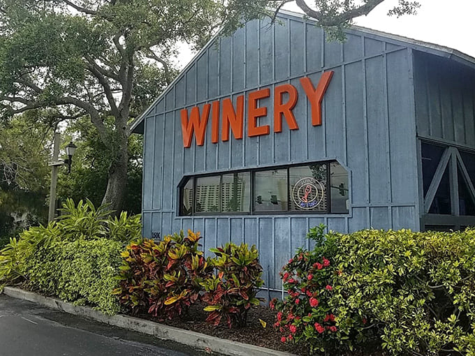 That bold orange "WINERY" sign isn't shy about announcing Florida's fruity wine revolution to the world.