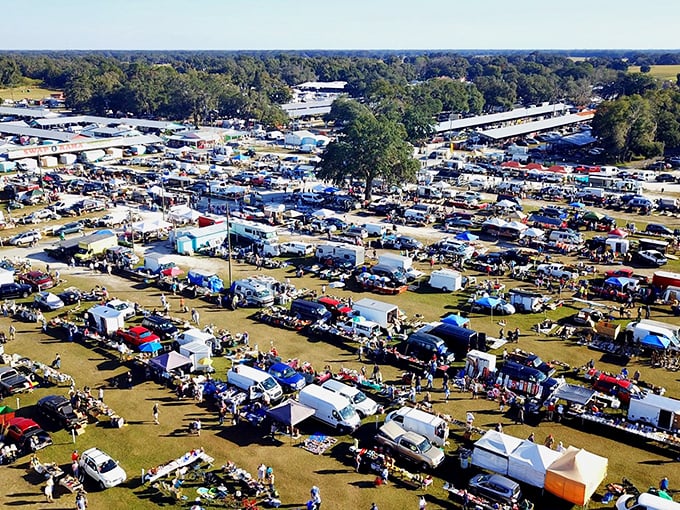 Treasure hunter's paradise! From above, Webster's sprawling market resembles a colorful patchwork quilt of tents, treasures, and bargain-seeking crowds under Florida's endless blue sky.