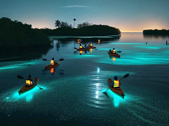 Aerial view of kayakers creating constellations with each paddle stroke&mdash;like drawing on the night sky with water.