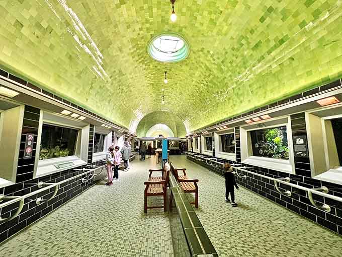 Walking through this luminous green-tiled corridor feels like strolling through a mermaid's dream &ndash; minus the awkward fin situation.