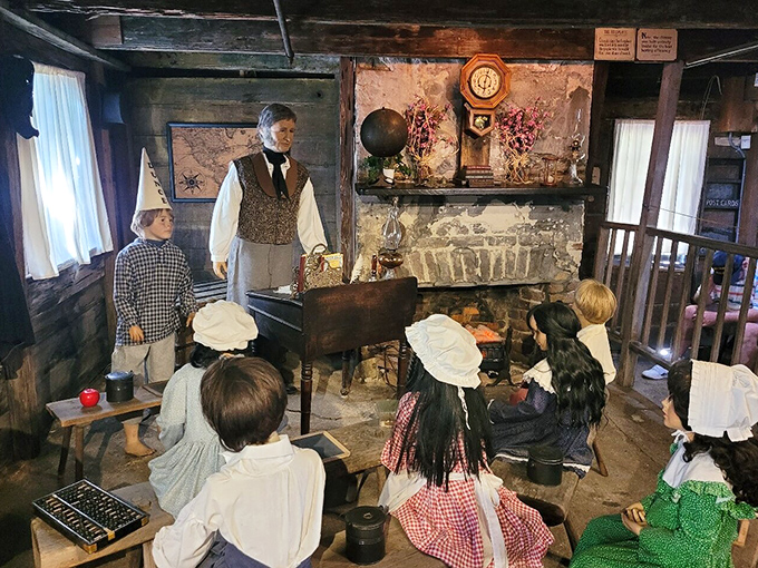 History frozen in time &ndash; mannequin students attentively listen to their eternal teacher, surrounded by authentic 19th-century learning tools and furnishings.
