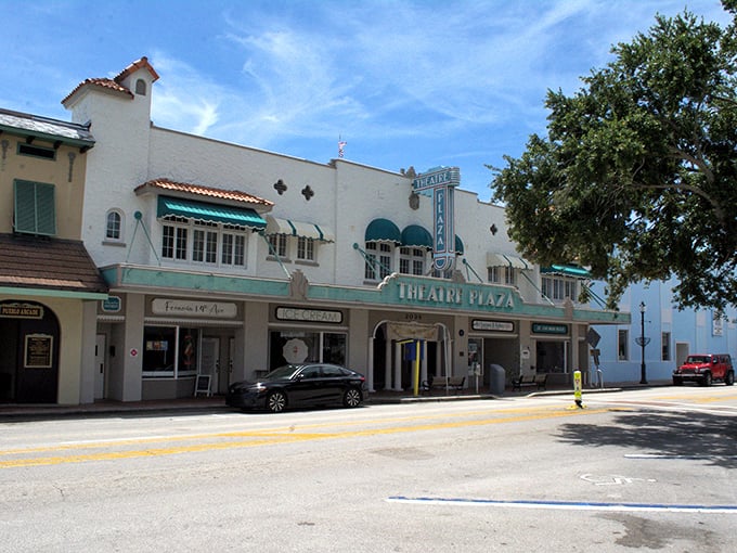 The historic Theatre Plaza stands as Vero Beach's cultural anchor, its distinctive turquoise accents and vintage charm transporting visitors to a more elegant era.