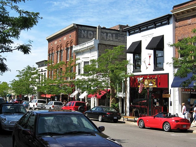 Historic storefronts line Petoskey's Gaslight District, where shopping feels like a treasure hunt and every building tells a story.